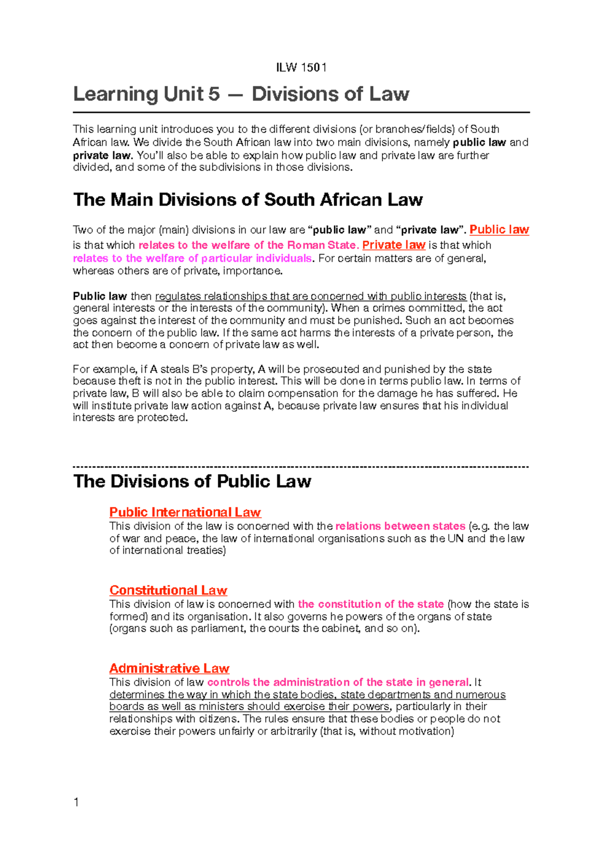 ILW 1501 Learning Unit 5: Summary of Divisions of Law - Studocu