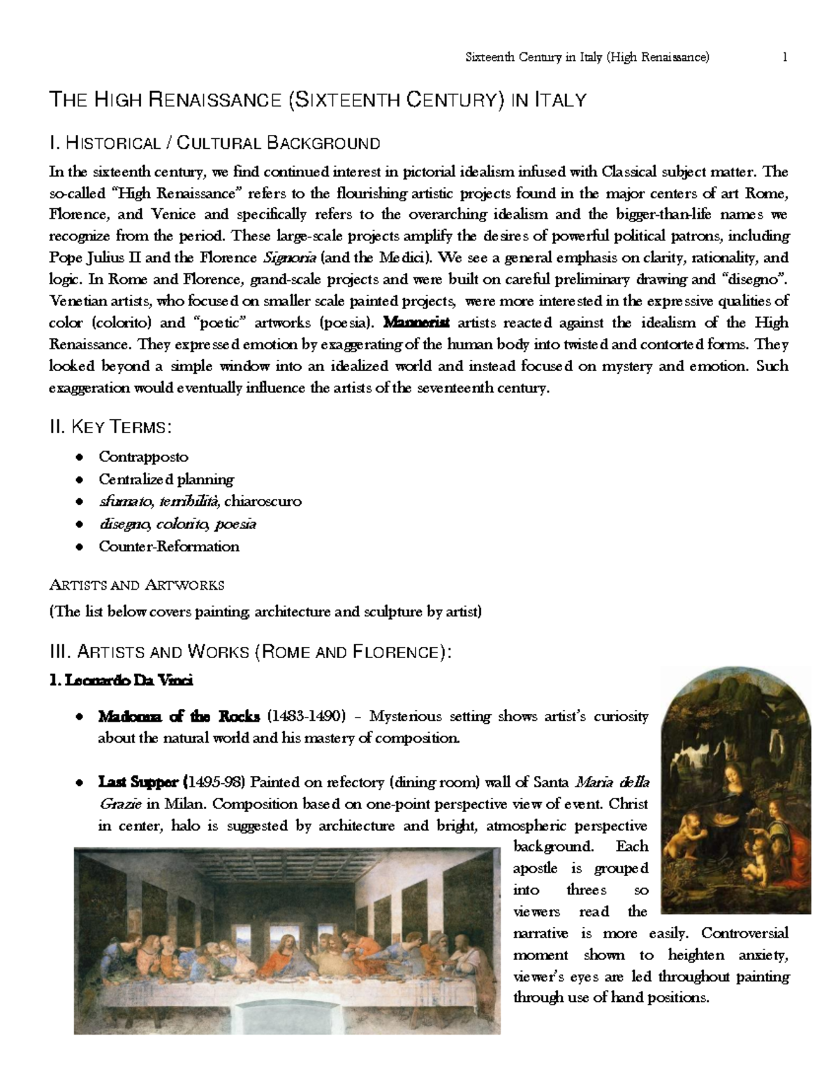 High Renaissance Art in Italy: Key Artists & Works (HIST 101) - Studocu