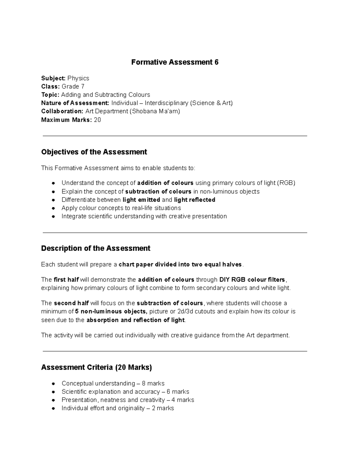 Formative Assessment 6: Adding & Subtracting Colors in Grade Science ...