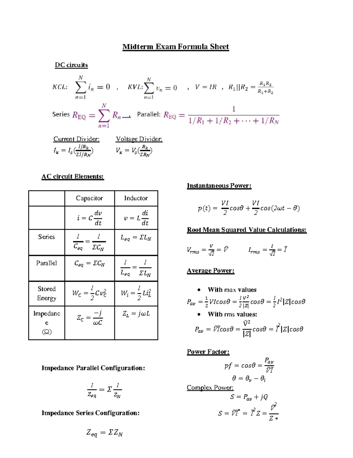 Midterm Exam Formula Sheet - Studocu