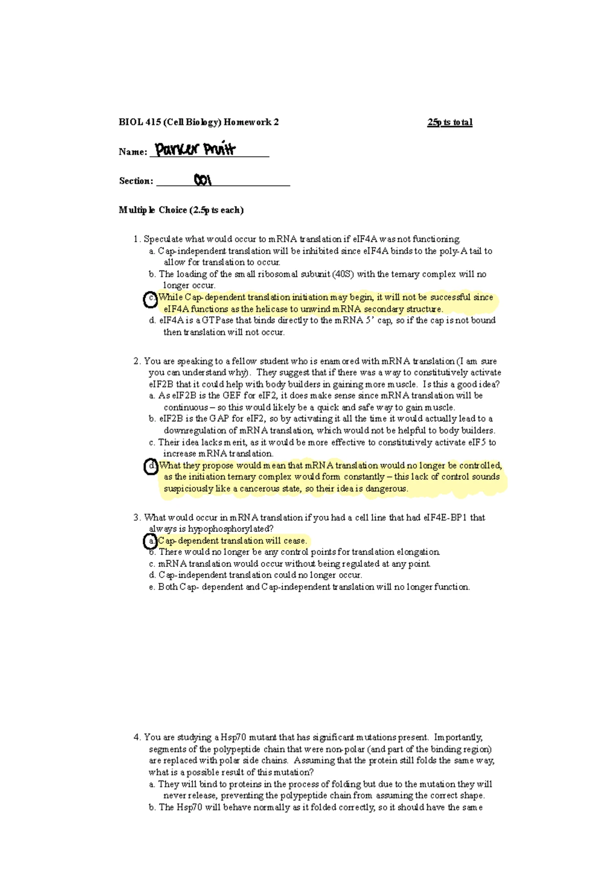 BIOL 415 Cell Biology Homework 4 - Multiple Choice Questions - Studocu