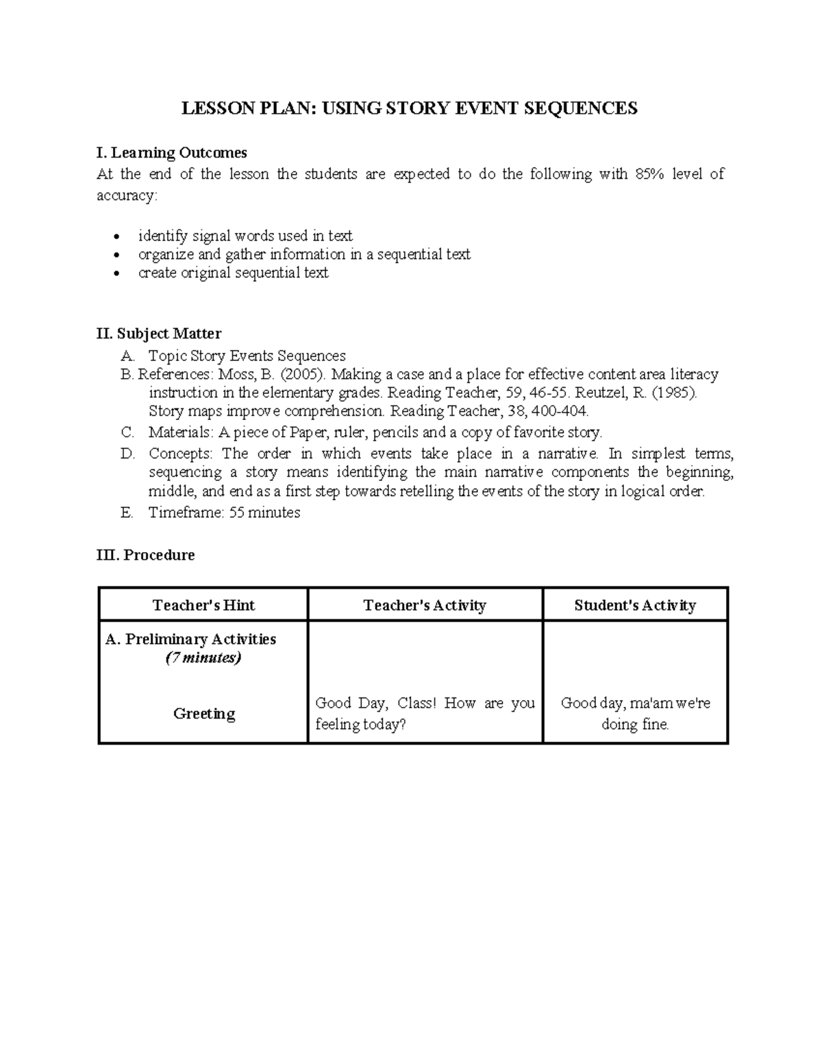 Example Lesson PLAN Reading - LESSON PLAN: USING STORY EVENT SEQUENCES ...