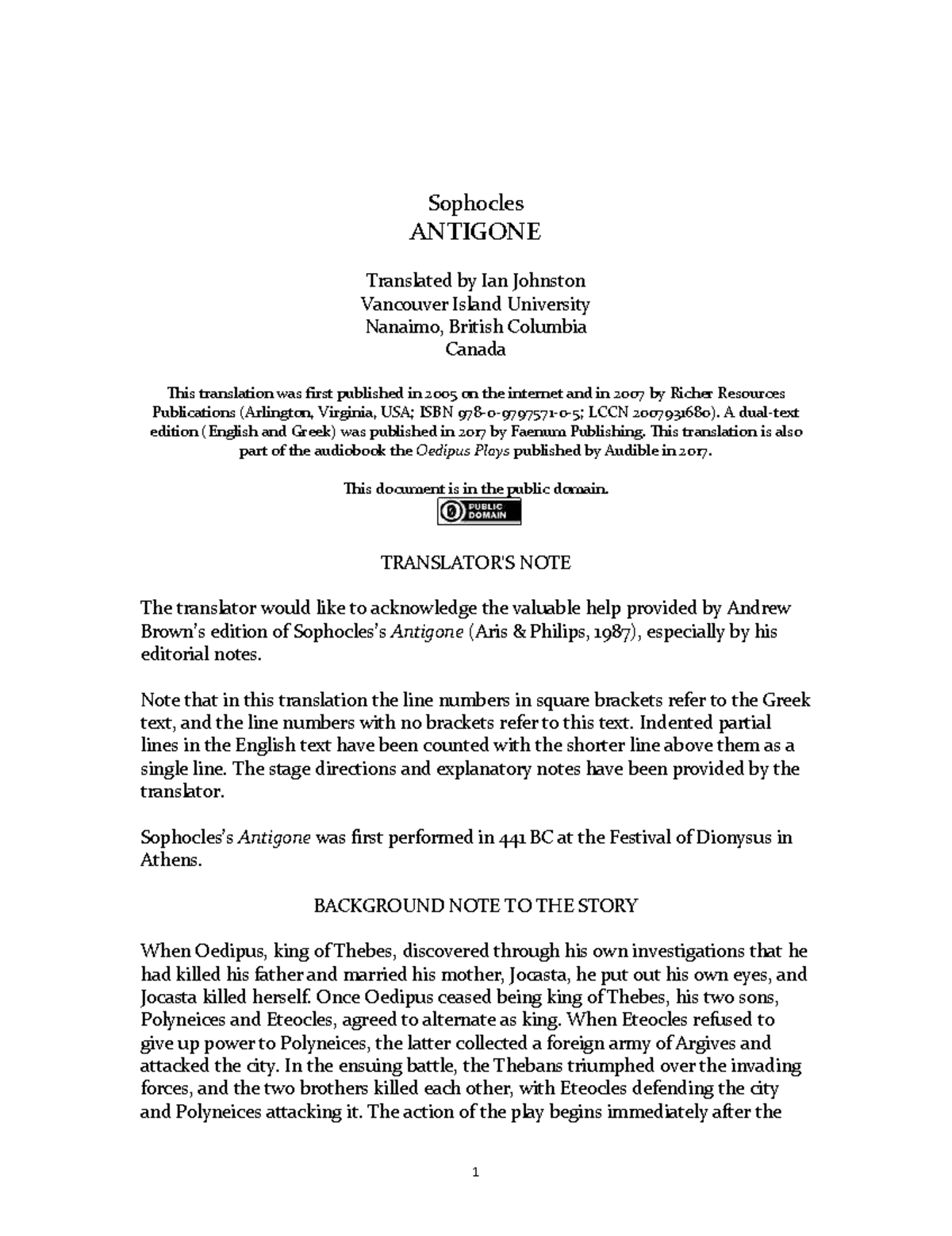 ANT 101: Antigone - A Translation by Ian Johnston - Studocu