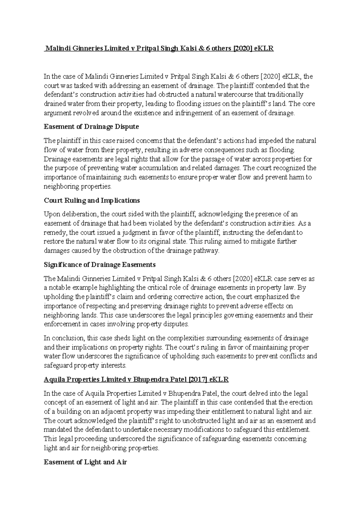 Malindi Ginneries Ltd v Pritpal Singh Kalsi: Drainage Easement Case ...
