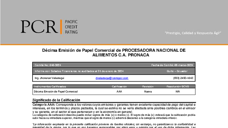 Décima Emisión de Papel Comercial de PRONACA - Informe Financiero 2024 ...