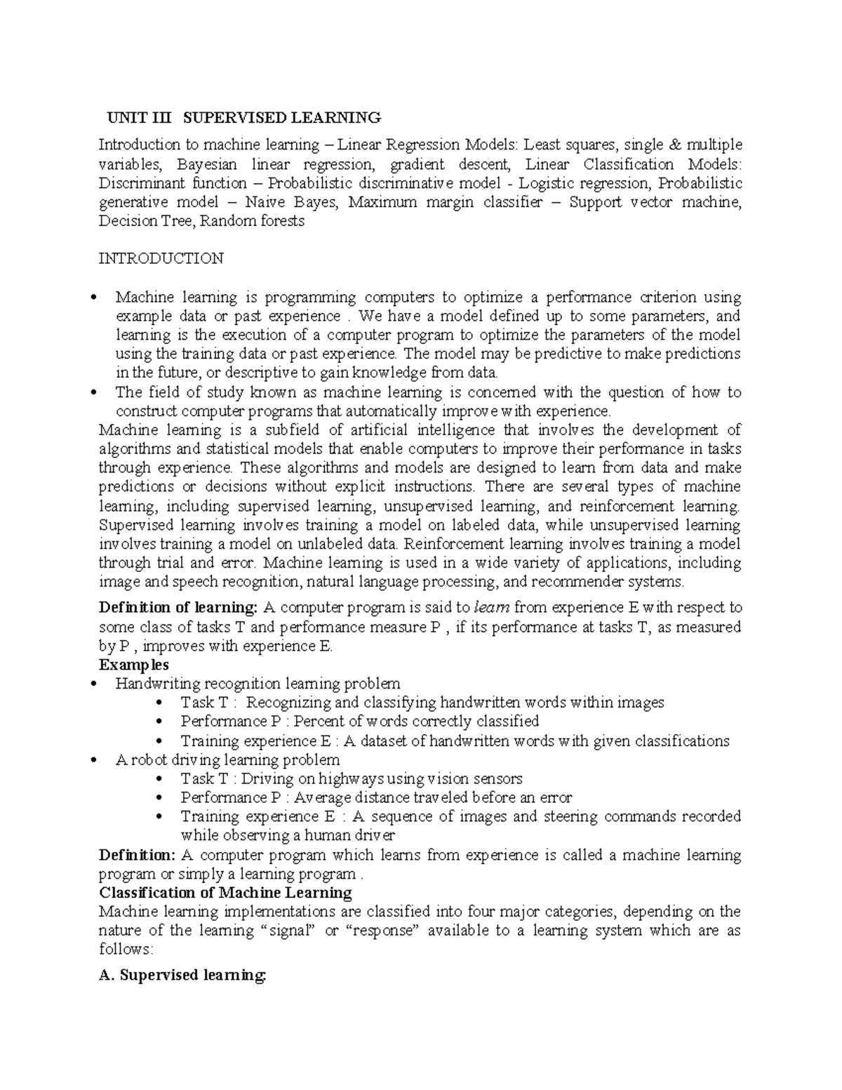 AIML UNIT III: Supervised Learning Concepts and Techniques - Studocu