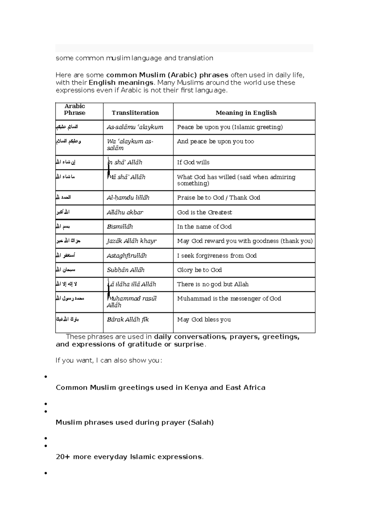 Common Arabic Phrases for Daily Muslim Life: A Study Guide - Studocu