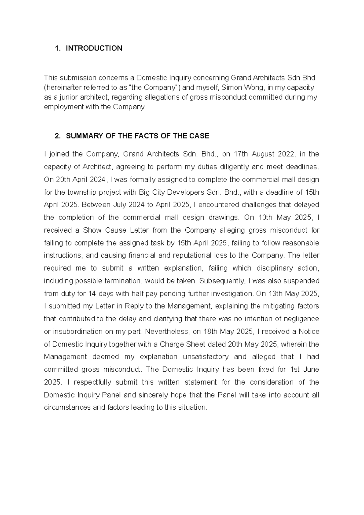 Domestic Inquiry Statement: Simon Wong - Grand Architects Sdn Bhd - Studocu