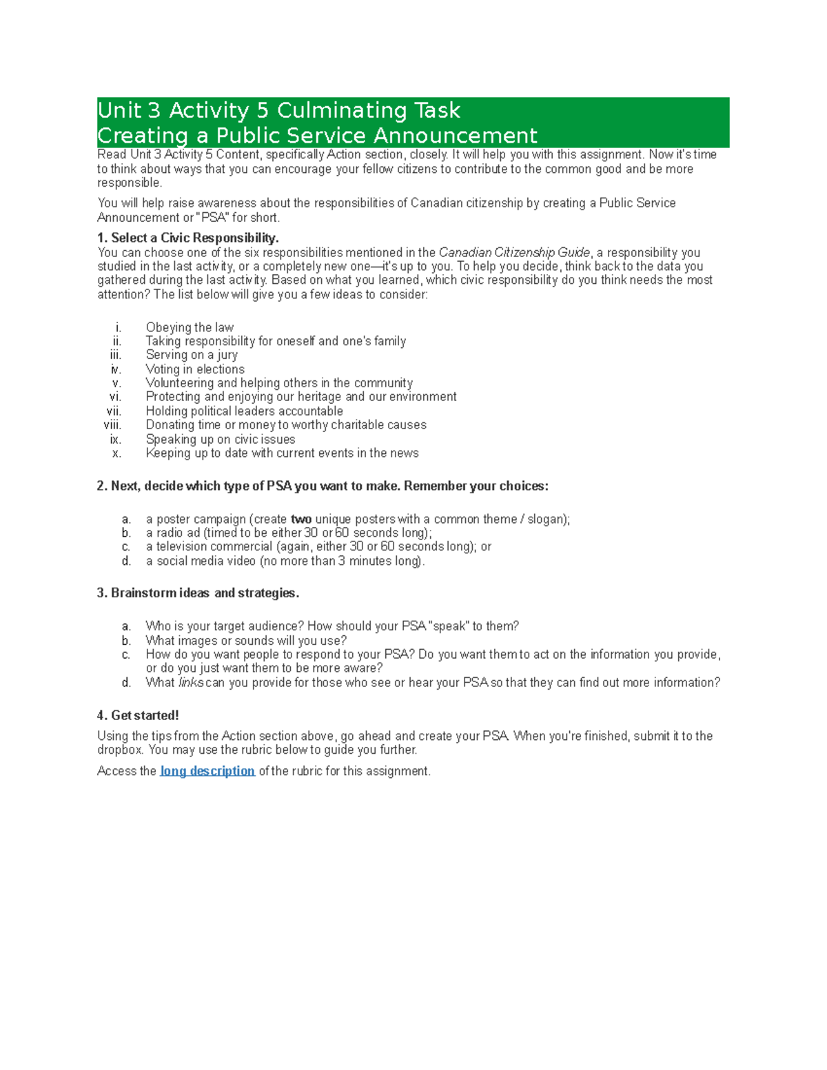 Civics Unit 3 Activity 5: PSA Creation for Civic Responsibilities - Studocu