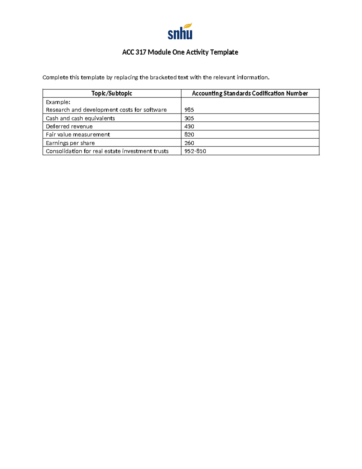 ACC 317 Module One Activity - ACC-317 - Topic/Subtopic Accounting ...