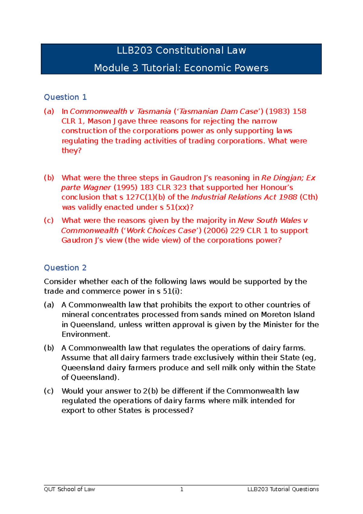 Module 3 Tutorial Questions - Economic Powers-1 - LLB203 Constitutional ...
