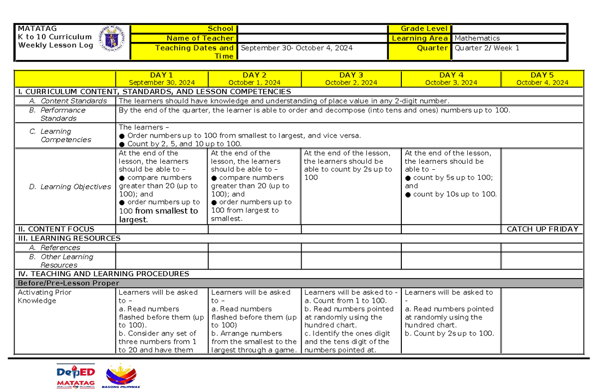 G1-Q2-DLL-WEEK-1-MATH: Weekly Lesson Log for Mathematics - Studocu