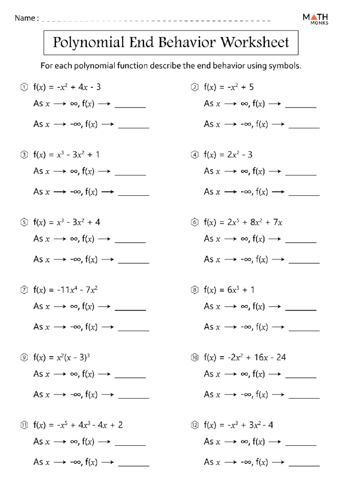 MATH MONKS Polynomial End Behavior Worksheet - Studocu