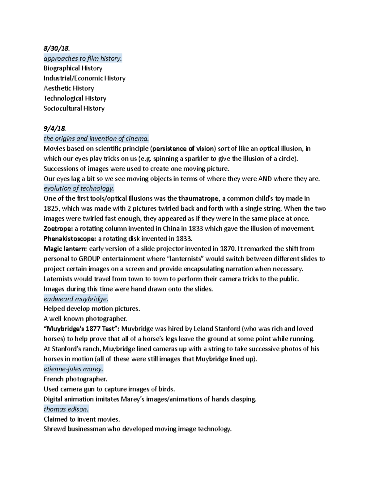Unit 1 - Lecture notes 1-18 - 8/30/18. approaches to film history ...