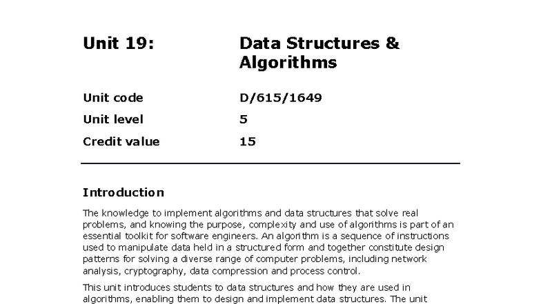Data Structures and Algorithms - Unit 19 (Level 5, 15 Credits) - Studocu