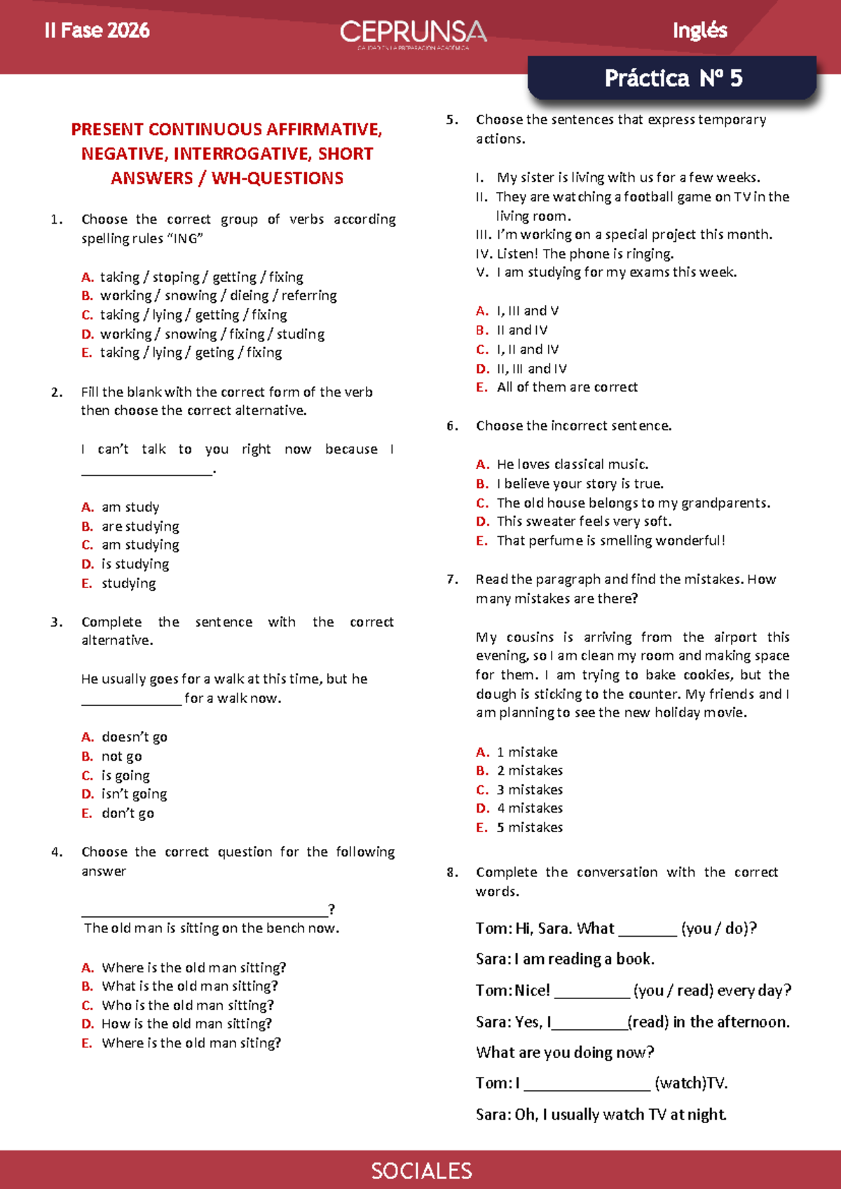 P5 - Ingles: Present Continuous Tense Exercises and Activities - Studocu