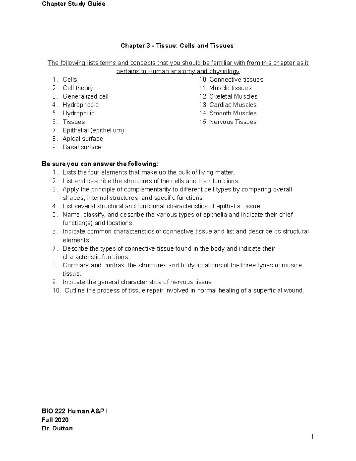BIO 222 Final Exam Study Guide: Cells and Tissues Overview - Studocu