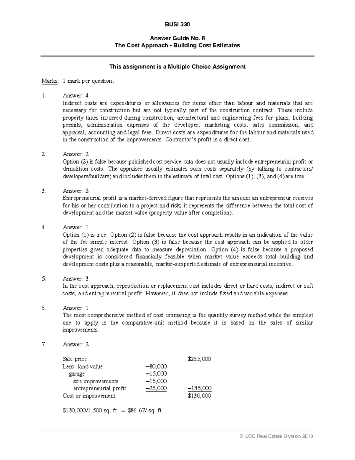 BUSI 330 - Assignment 8 Answer Guide: The Cost Approach Overview - Studocu
