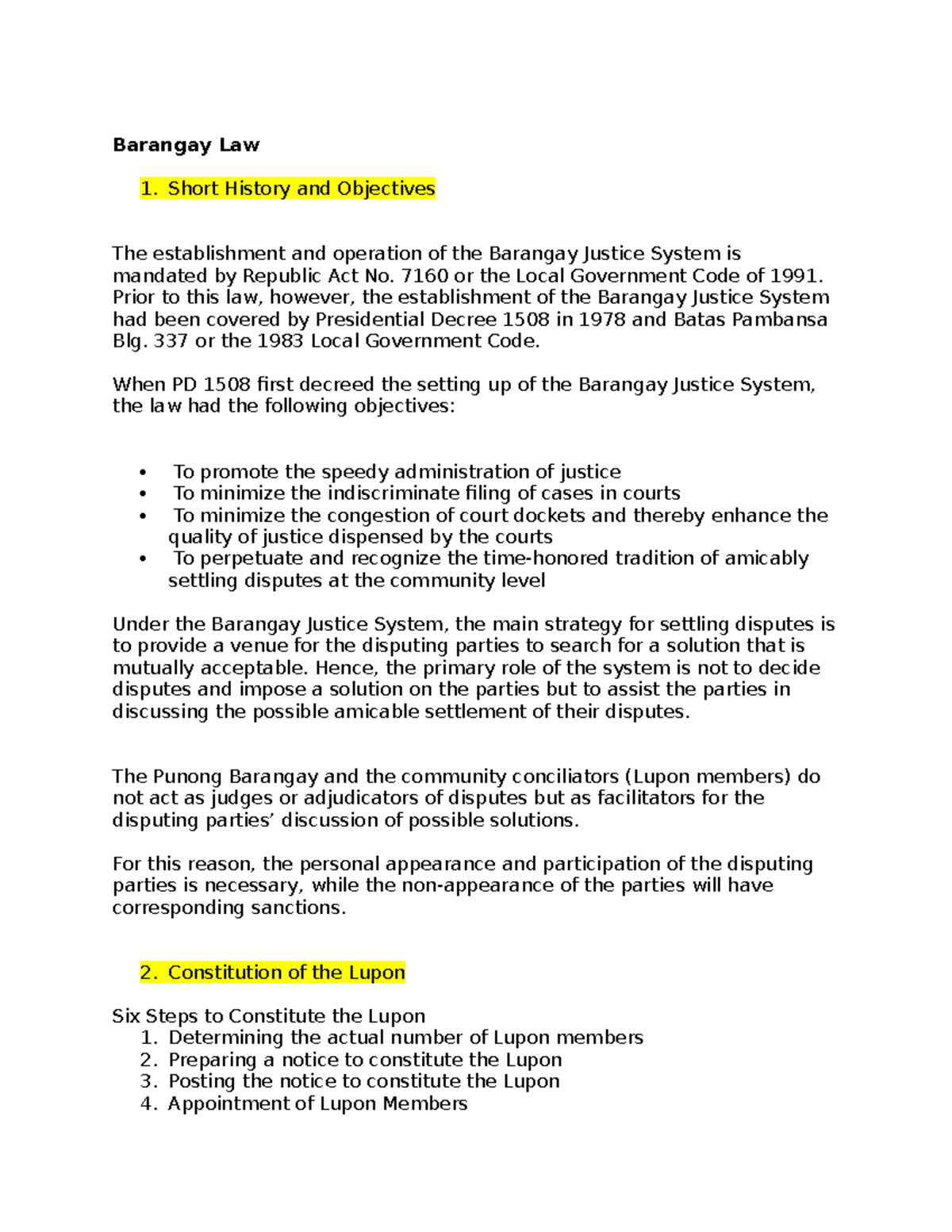 Barangay Law - Short History and Objectives The establishment and ...