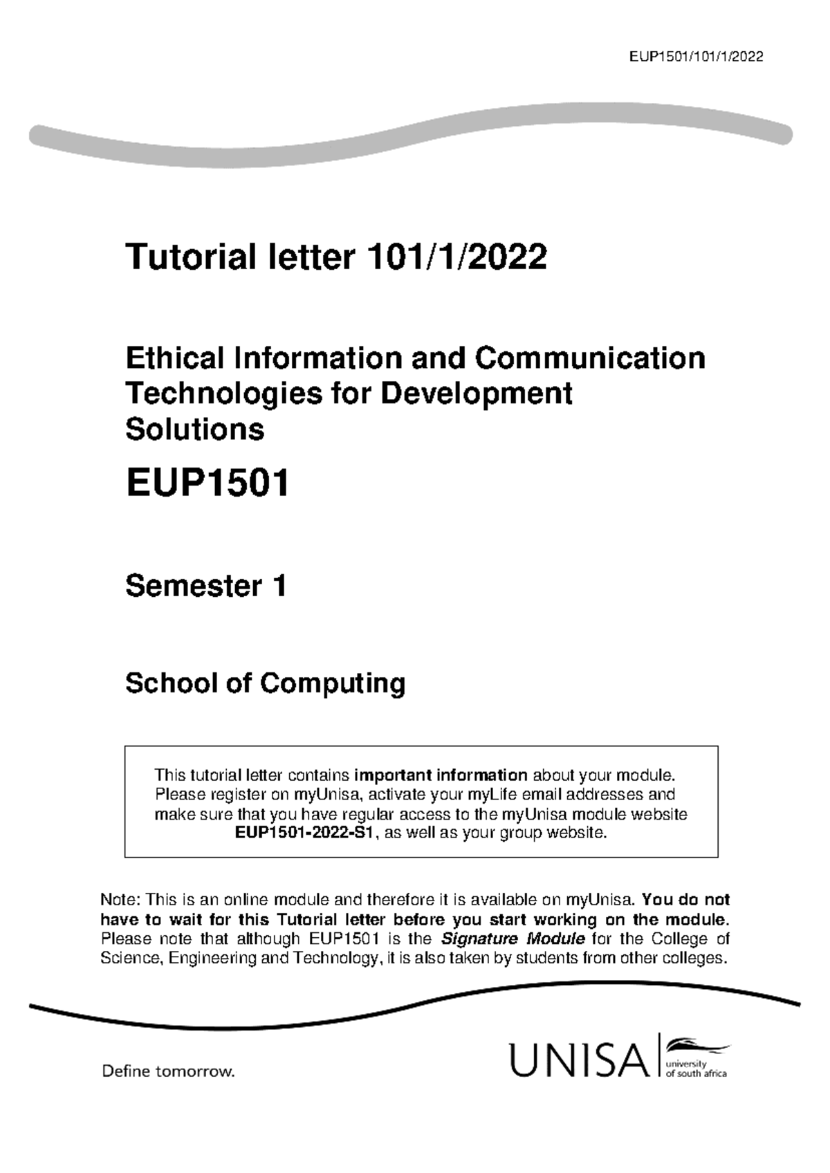 EUP1501 Tutorial Letter 101: Essential Info for Online Learning - Studocu