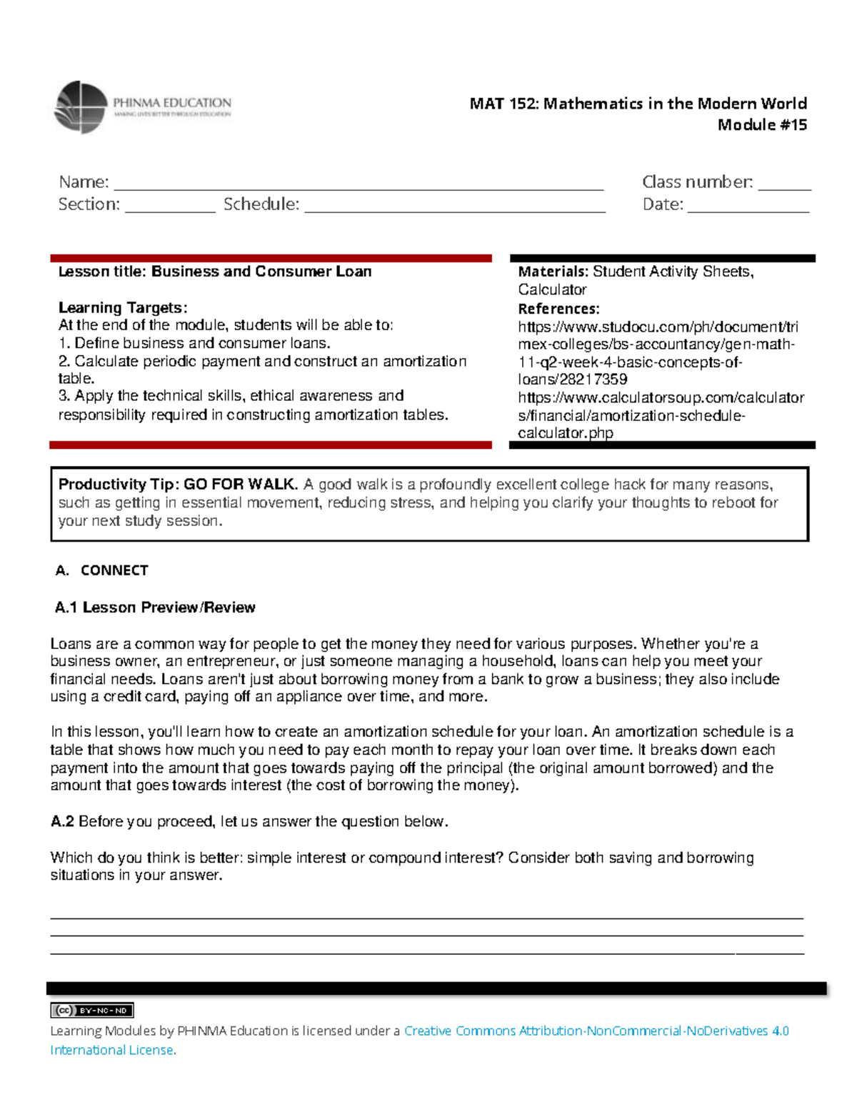 MAT 152: Business & Consumer Loans - Amortization Lesson Notes - Studocu