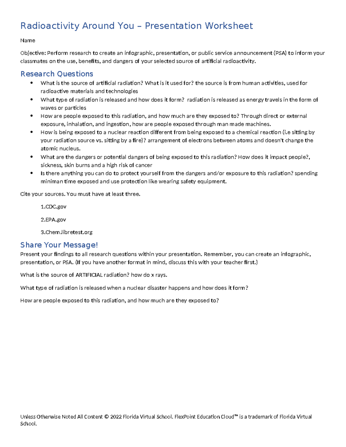 Radioactivity Around You: Research Worksheet for PSAs and Infographics ...