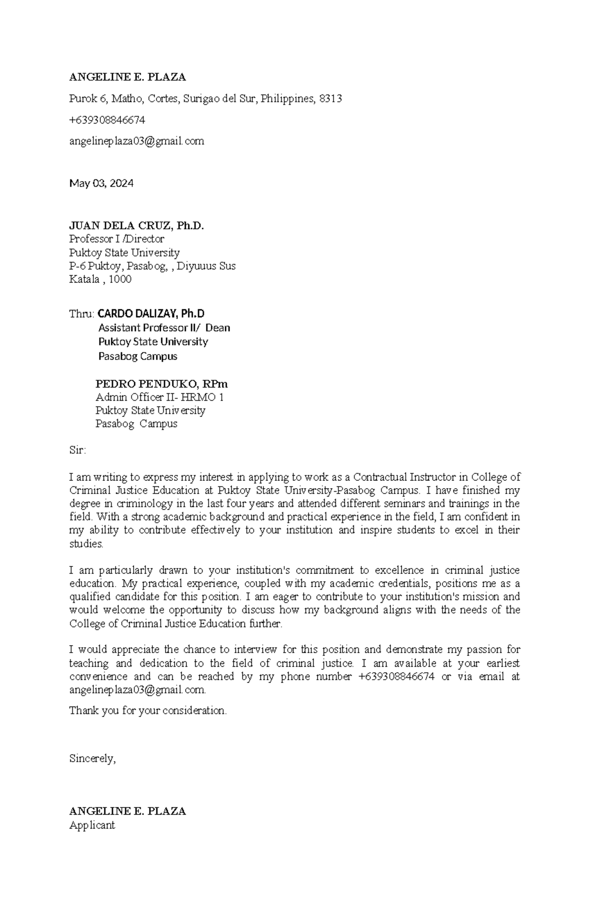 Application- Lettersample (1) - ANGELINE E. PLAZA Purok 6, Matho ...