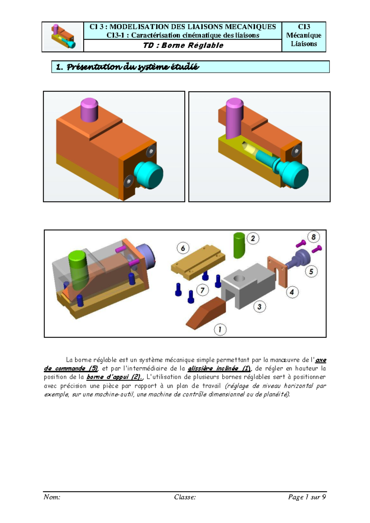 TD CI3-1 : Caractérisation cinématique des liaisons - Borne Réglable - Studocu