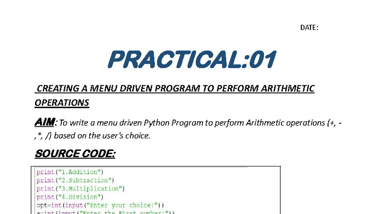 CS101: Practical Exercises on Menu Driven Python Programs - Studocu