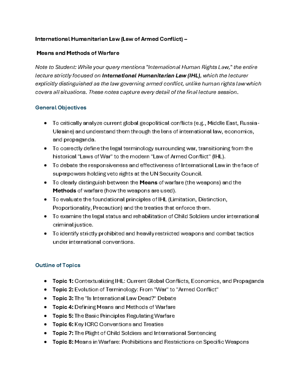 IHL 101: Final Lecture Notes on Means & Methods of Warfare - Studocu