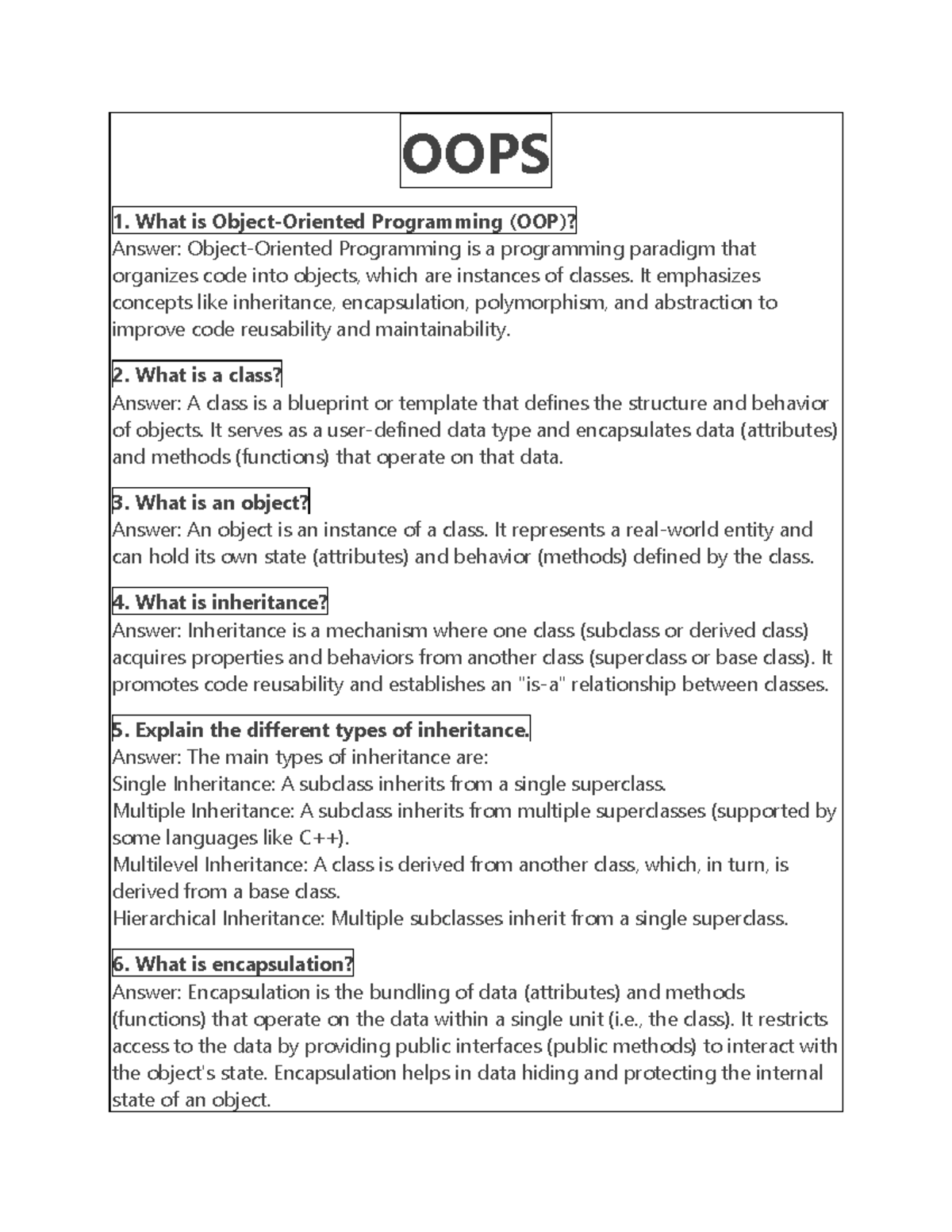 OOPS Concepts - Last Minute Study Notes (CS101) - Studocu