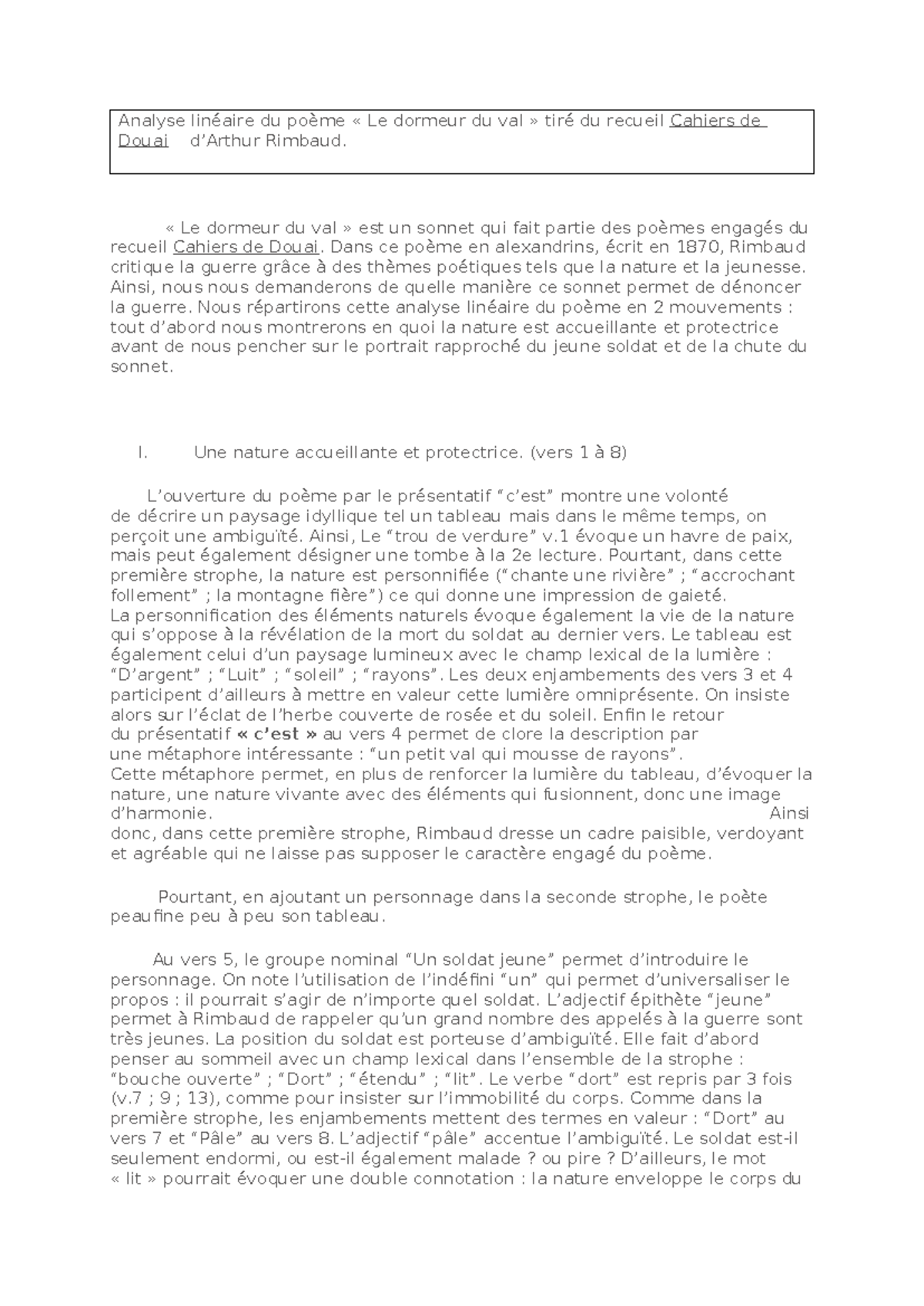 Analyse Linéaire du Poème "Le Dormeur du Val" - Étude Rimbaud (LITT 101 ...