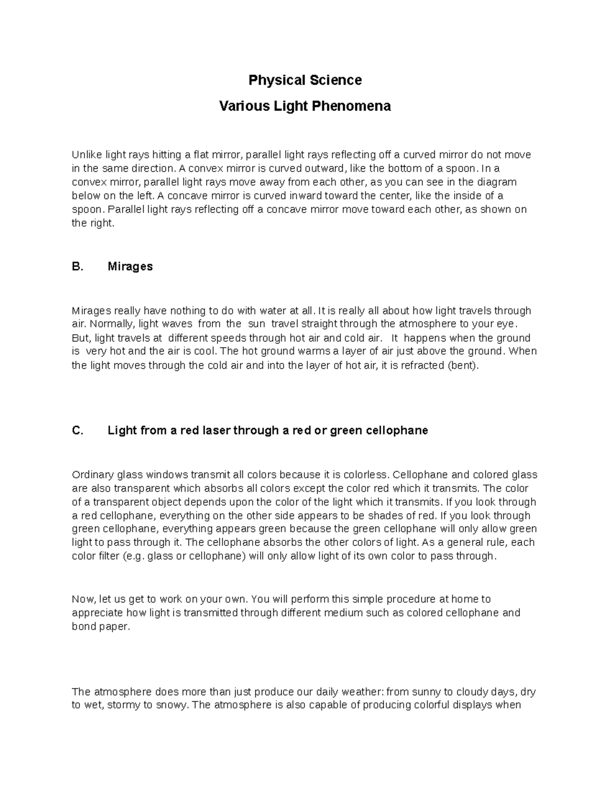 Physical Science Various Light Phenomena - General Physics - OMSC - Studocu