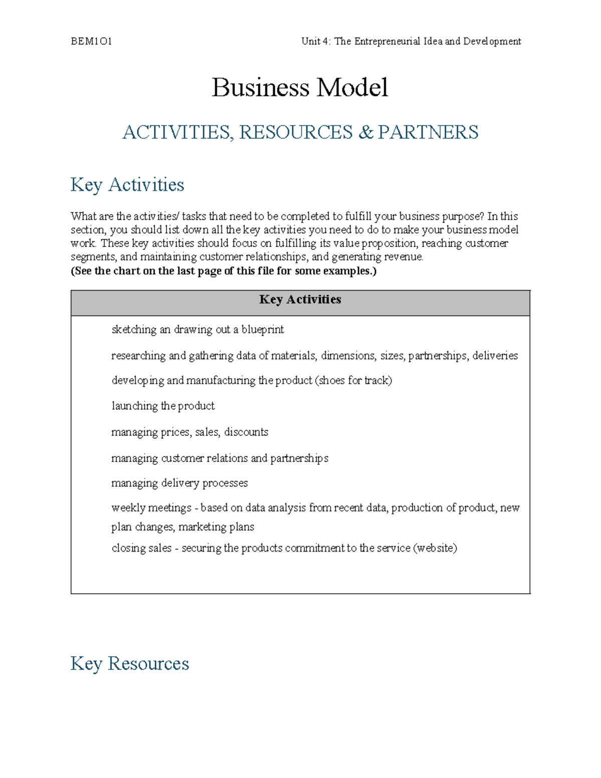 BEM1O1 Unit 4: Key Activities & Resources for Business Model ...