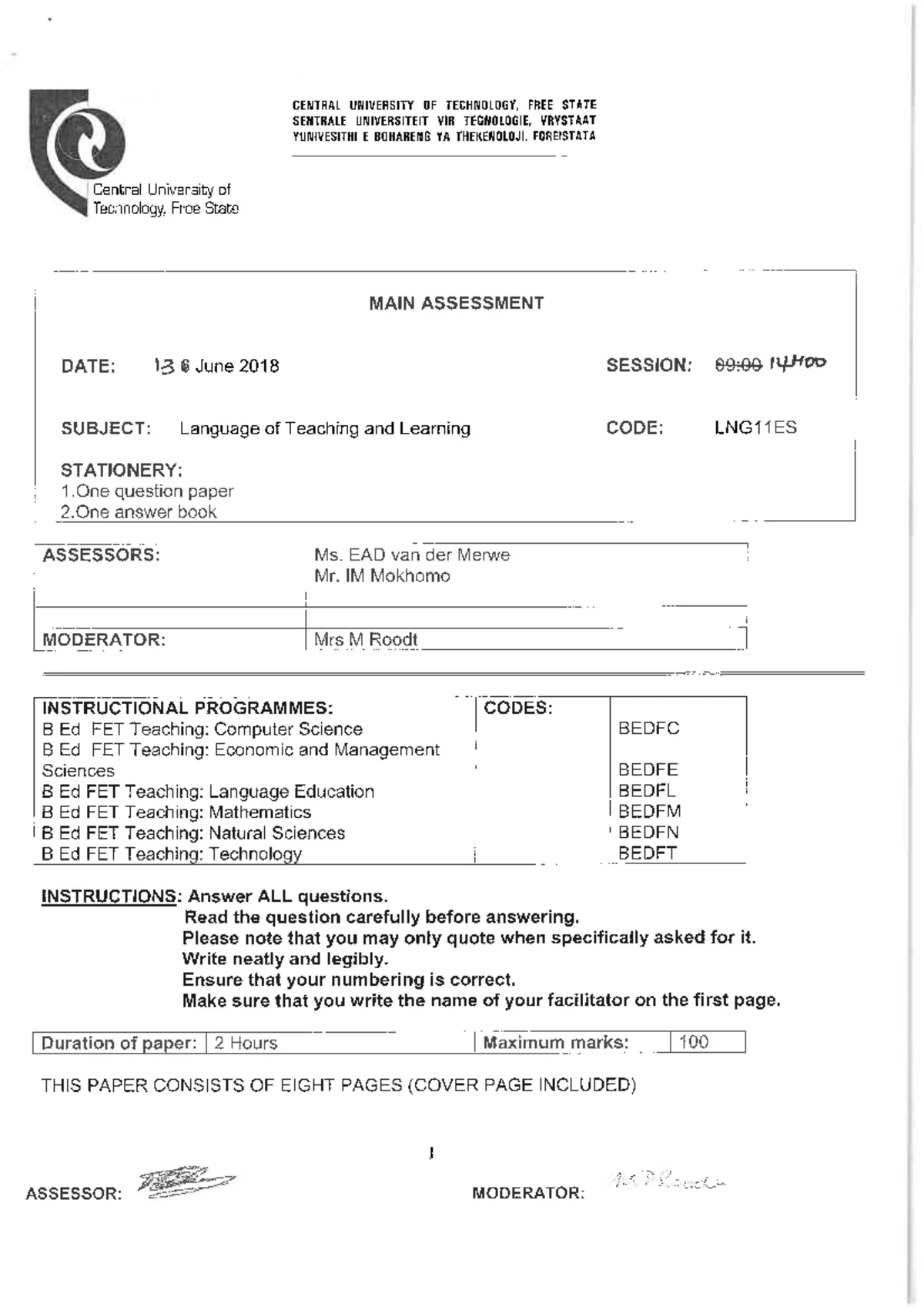 LNG11ES 2023 MAIN ASSESSMENT: LANGUAGE OF TEACHING & LEARNING - Studocu
