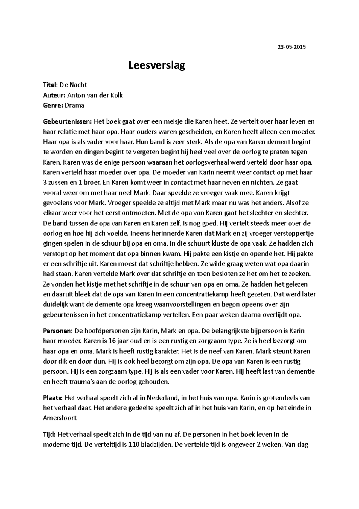 Leesverslag De Nacht: Verkenning van Trauma en Relatie in Oorlog ...