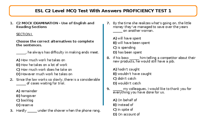 ESL C2 Level MCQ Test with Answers - Proficiency Test 1 - Studocu