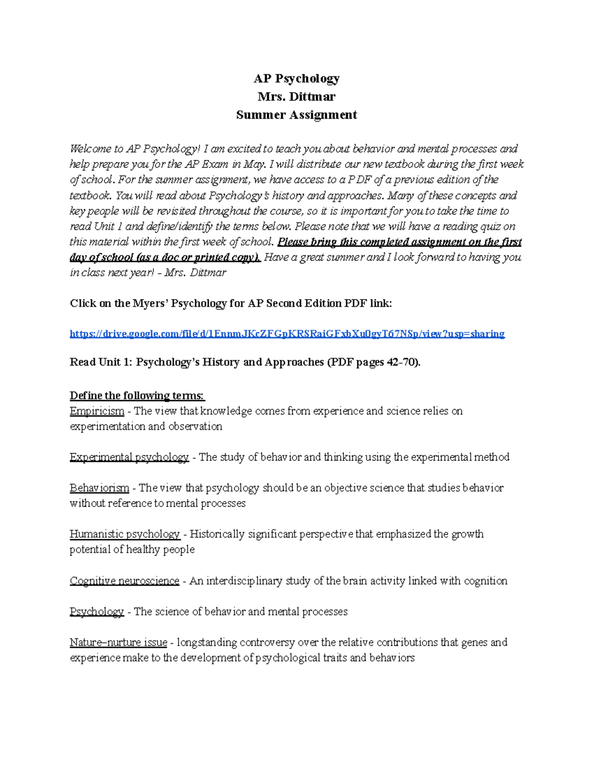 AP Psychology (AP) Summer Assignment: Unit 1 Reading Overview - Studocu