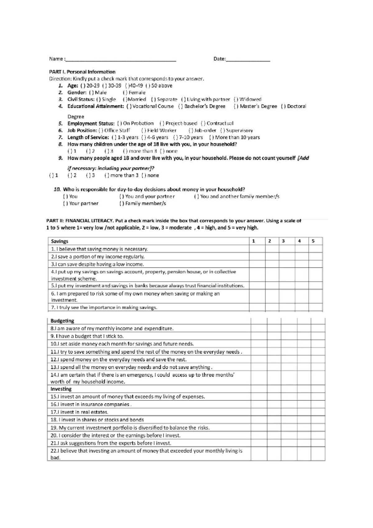 Questionnaire on Personal Info & Financial Literacy Assessment - Studocu