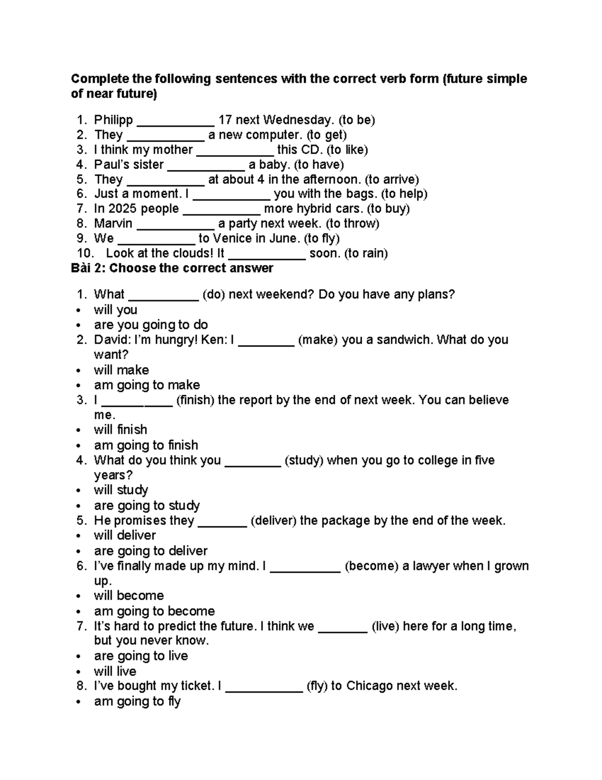 Future Simple and Near Future Verb Forms Practice Exercises - Studocu