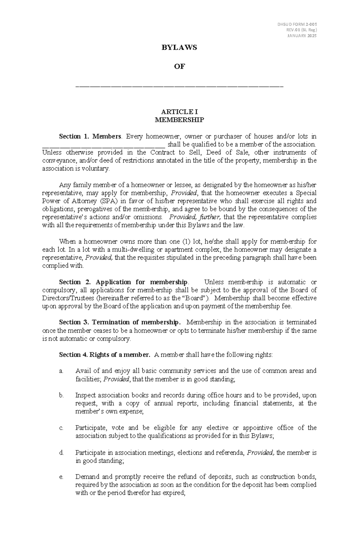 DHSUD FORM REV.01 (BL Reg) JANUARY 2025: Association Bylaws - Studocu