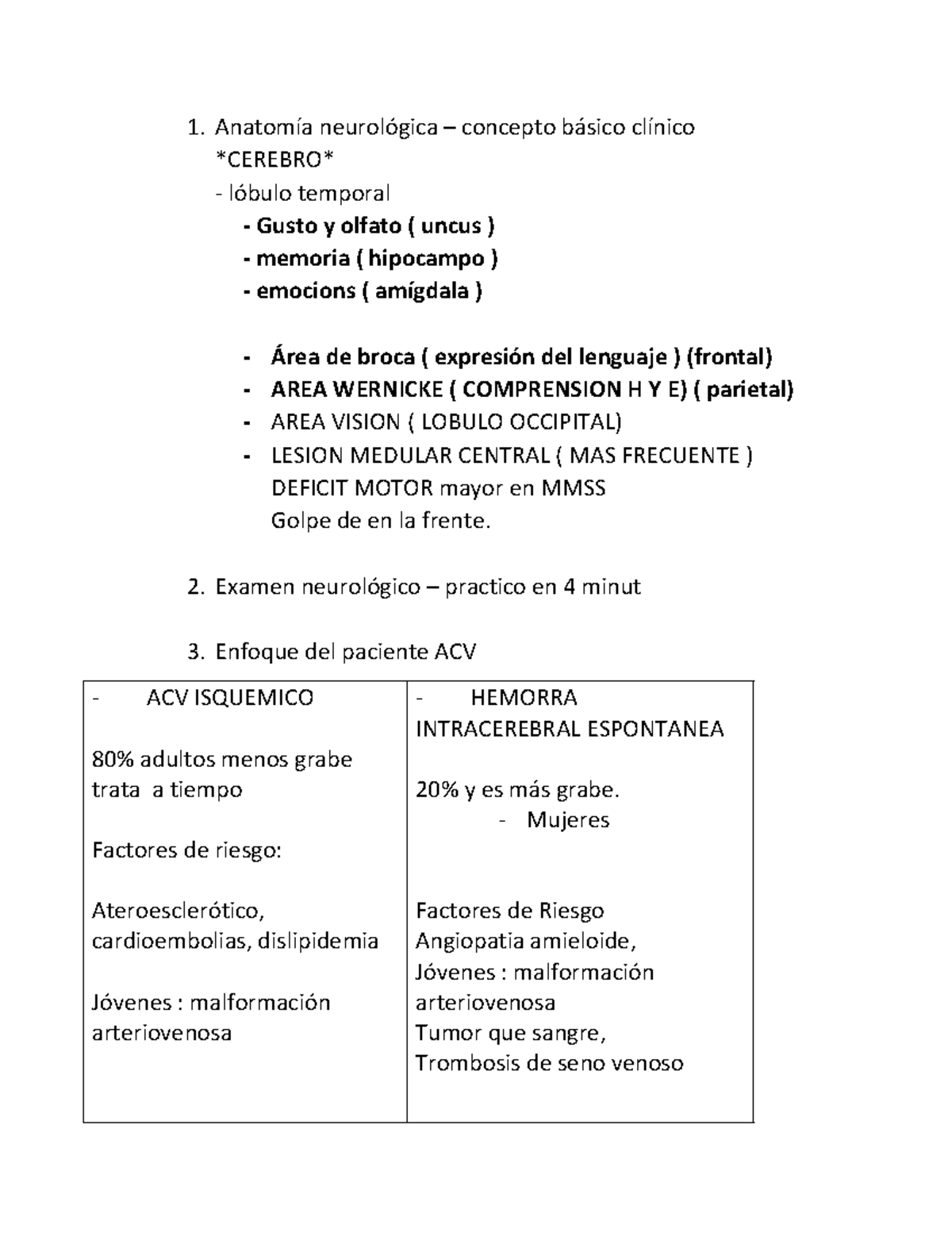 Resumen de Anatomía Neurológica y Manejo de ACV - Curso 1 - Studocu