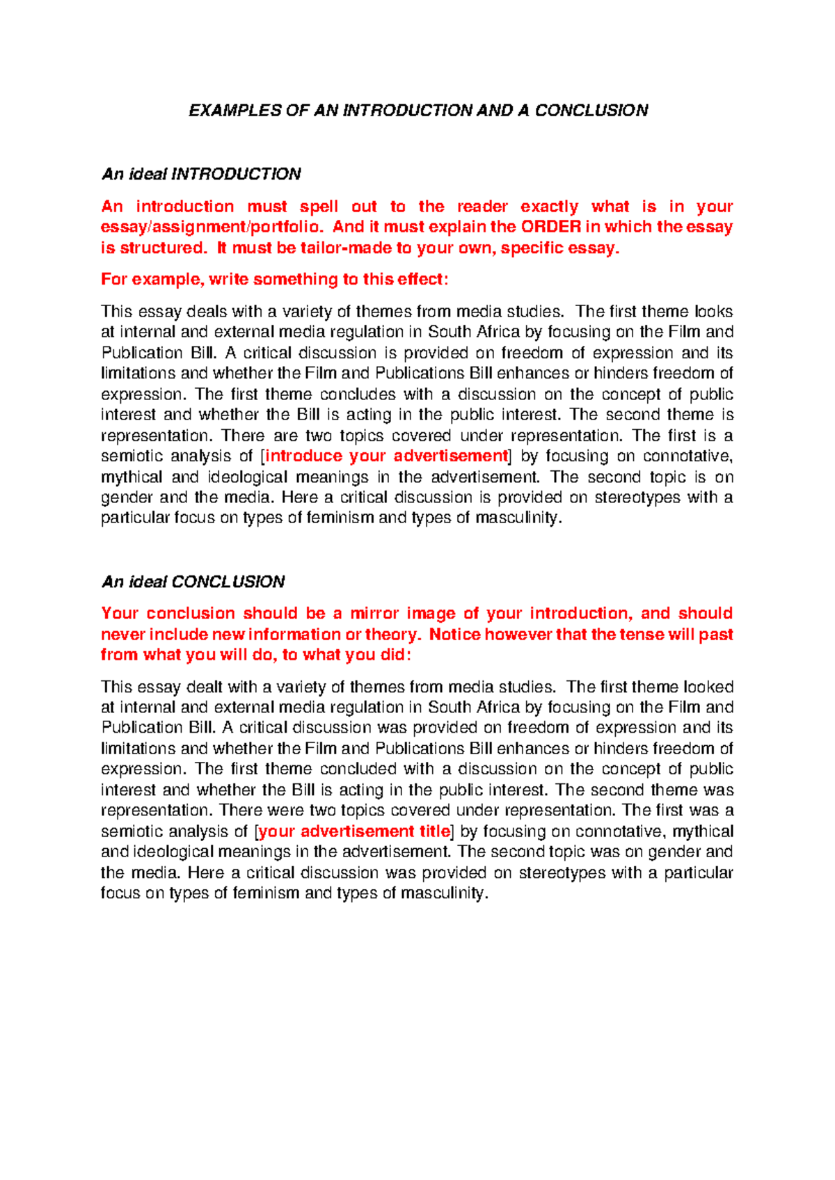 Ideal introduction and conclusion - EXAMPLES OF AN INTRODUCTION AND A ...