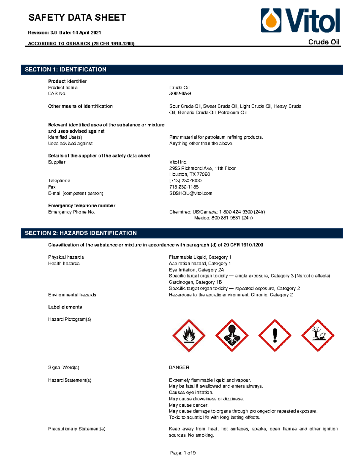 Crude Oil Safety Data Sheet (SDS) V3.0 - OSHA HCS Compliance - Studocu