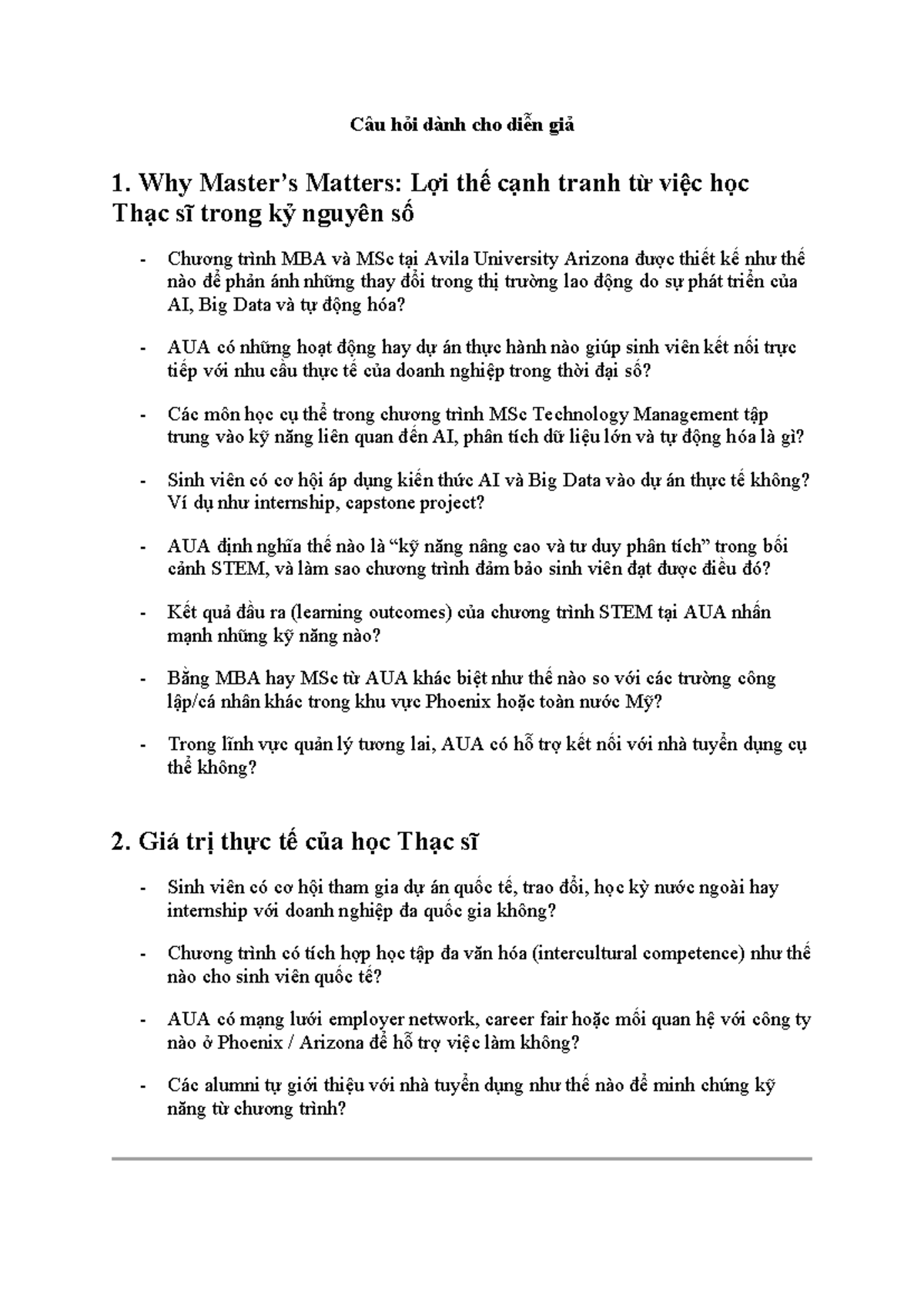 Câu hỏi cho Diễn giả: Lợi thế từ Thạc sĩ trong Kỷ nguyên Số - MBA & MSc ...
