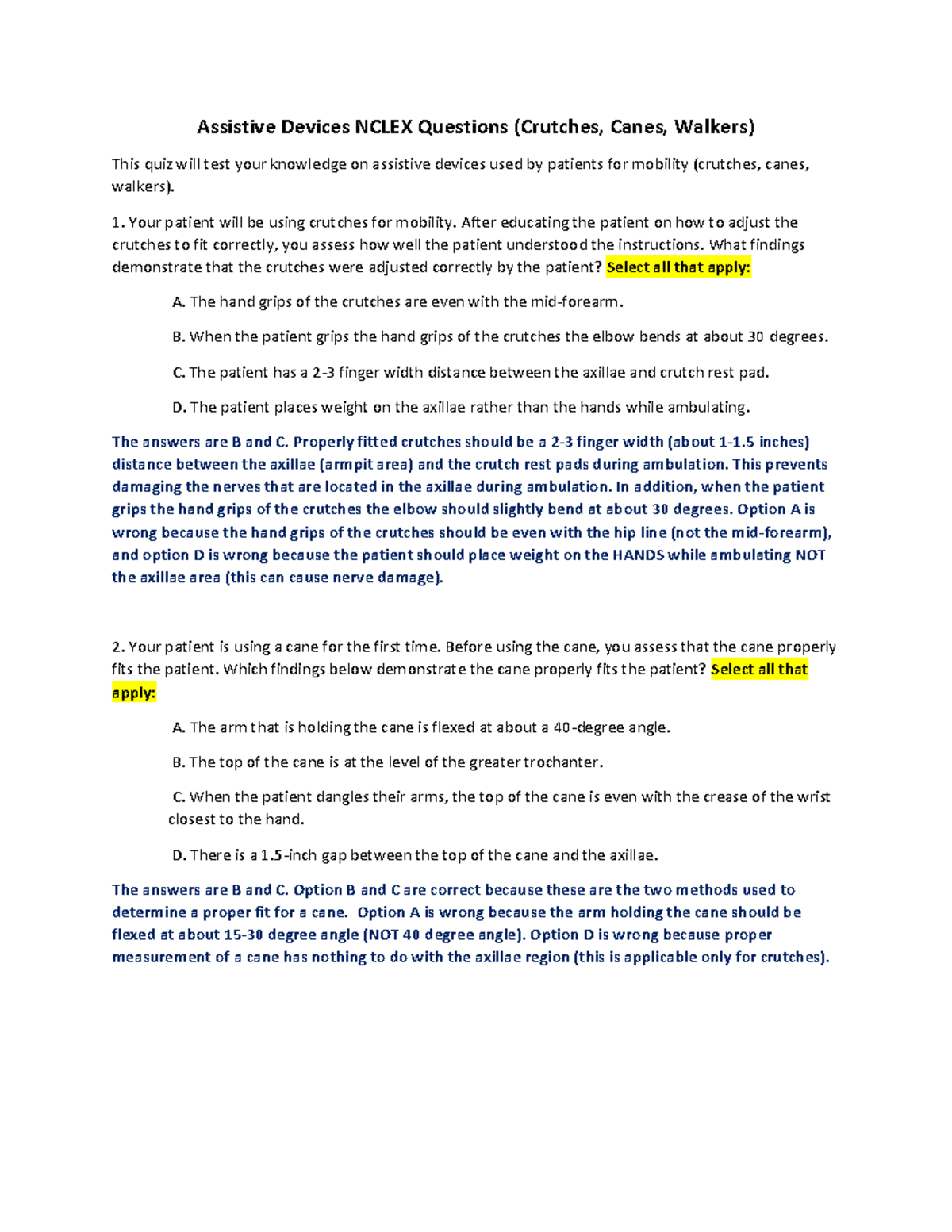 Unit 1 Lab Activity NCLEX Questions: Canes, Crutches, Walkers - Studocu