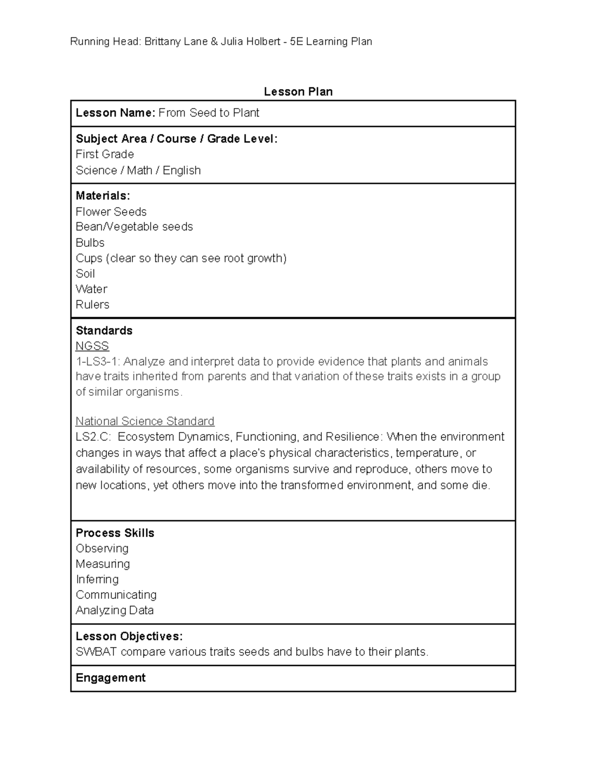 5E Learning Plan: From Seed to Plant - First Grade Science Lesson - Studocu