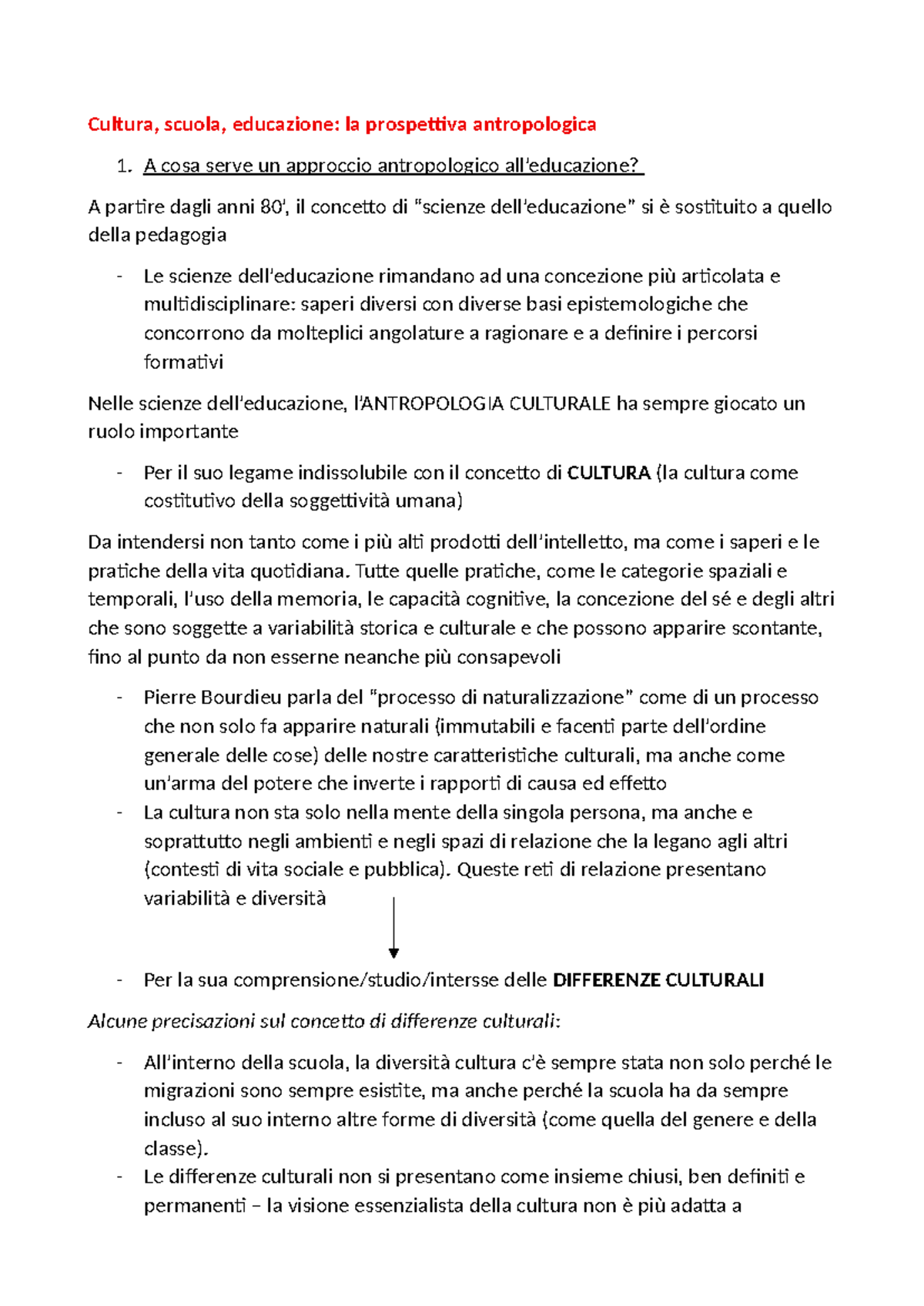 Cultura, scuola ed educazione: Approccio antropologico e differenze culturali 1 - Studocu