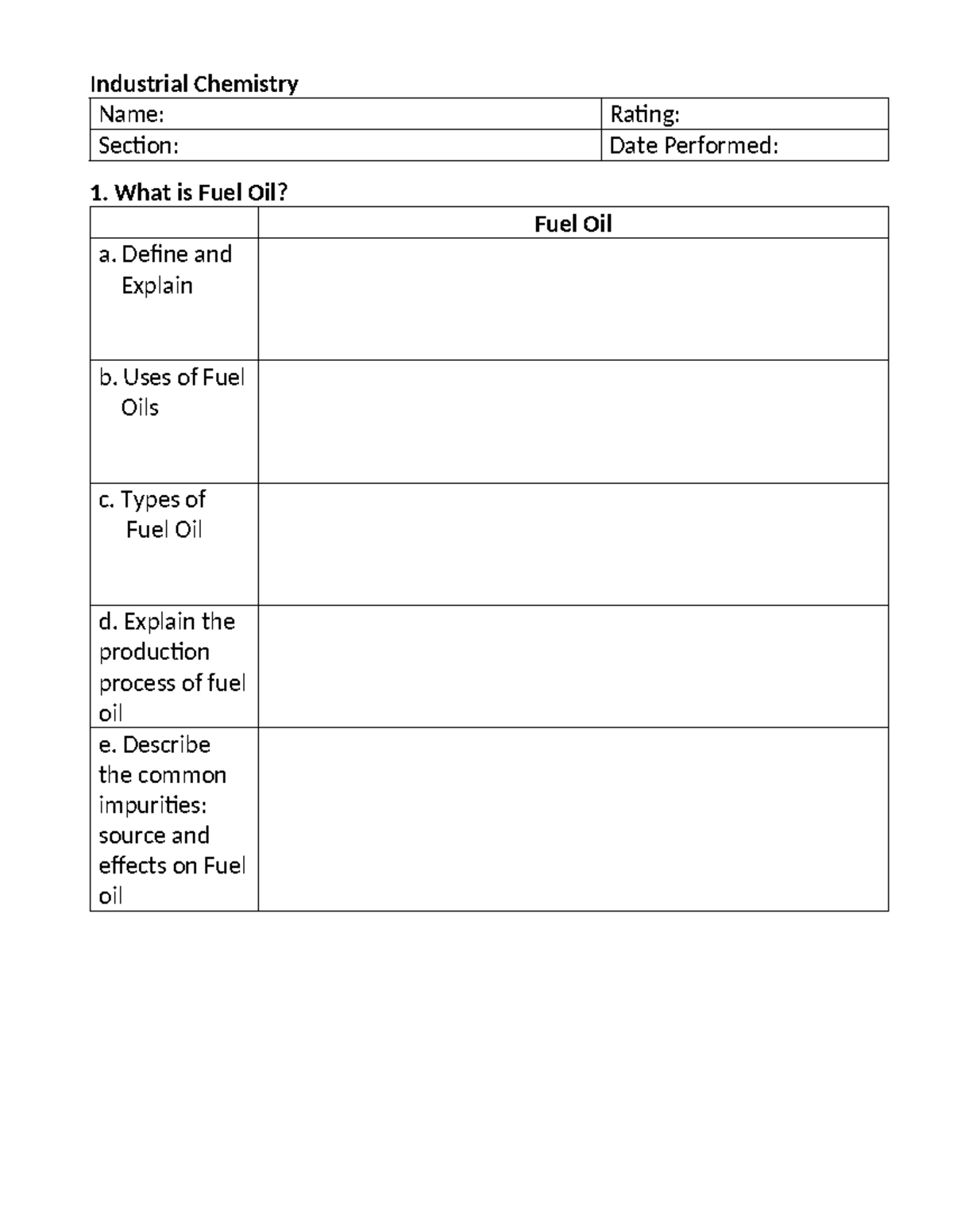 Activity in Fuels updated - Industrial Chemistry Name: Rating: Section ...