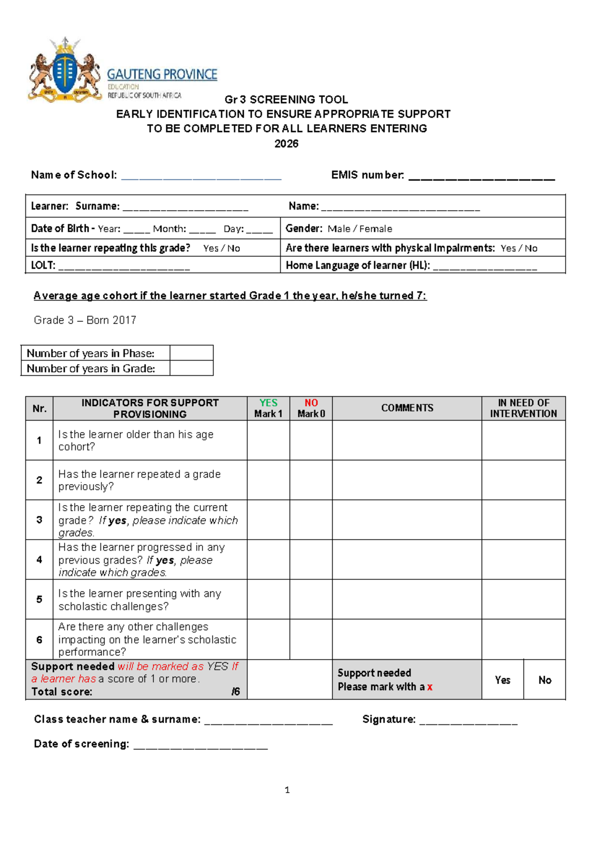 Grade 3 Screening Tool for Early Identification - 2026 - Studocu
